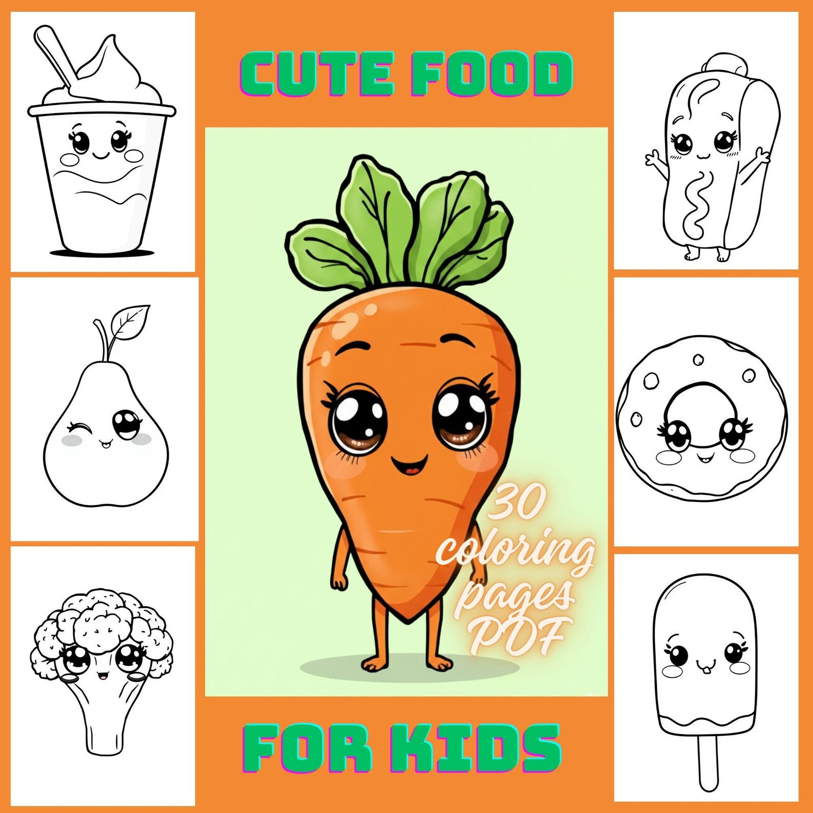 Kawaii Food Coloring Pages for Kids – Cute Snack Characters, Printable ...