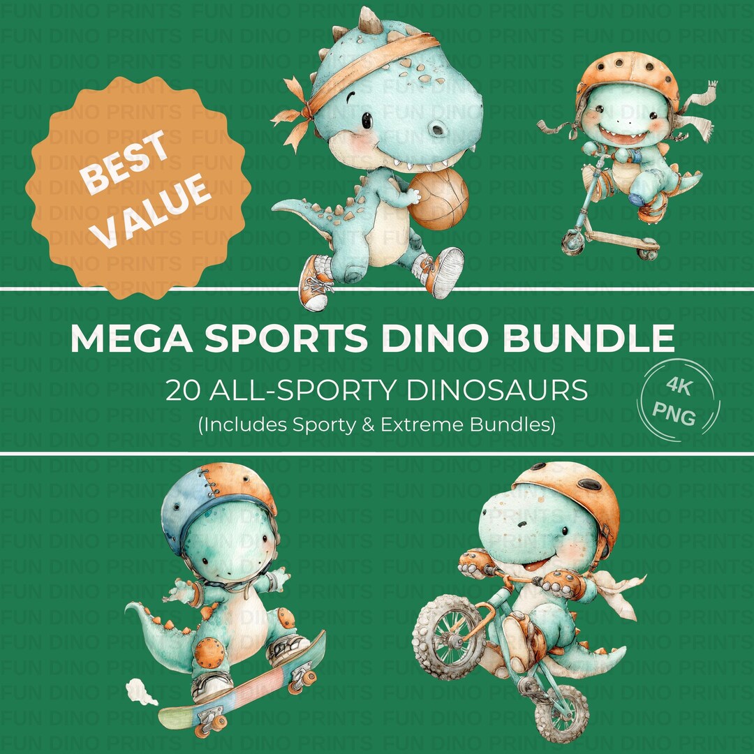 Sports Dinosaur Clipart Mega Bundle | 20 PNG Illustrations (4K Digital ...