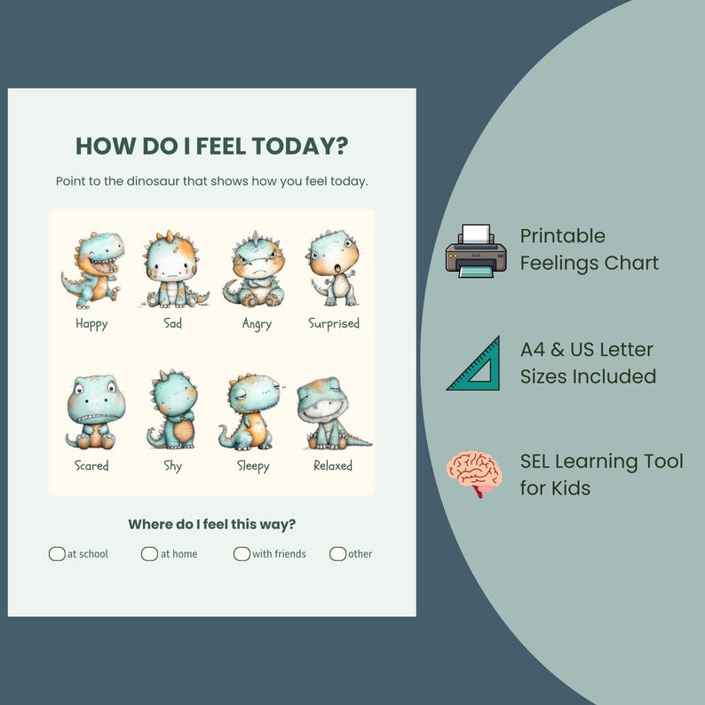 Printable Daily Feelings Chart for Kids | Dinosaur Emotion Chart | SEL ...