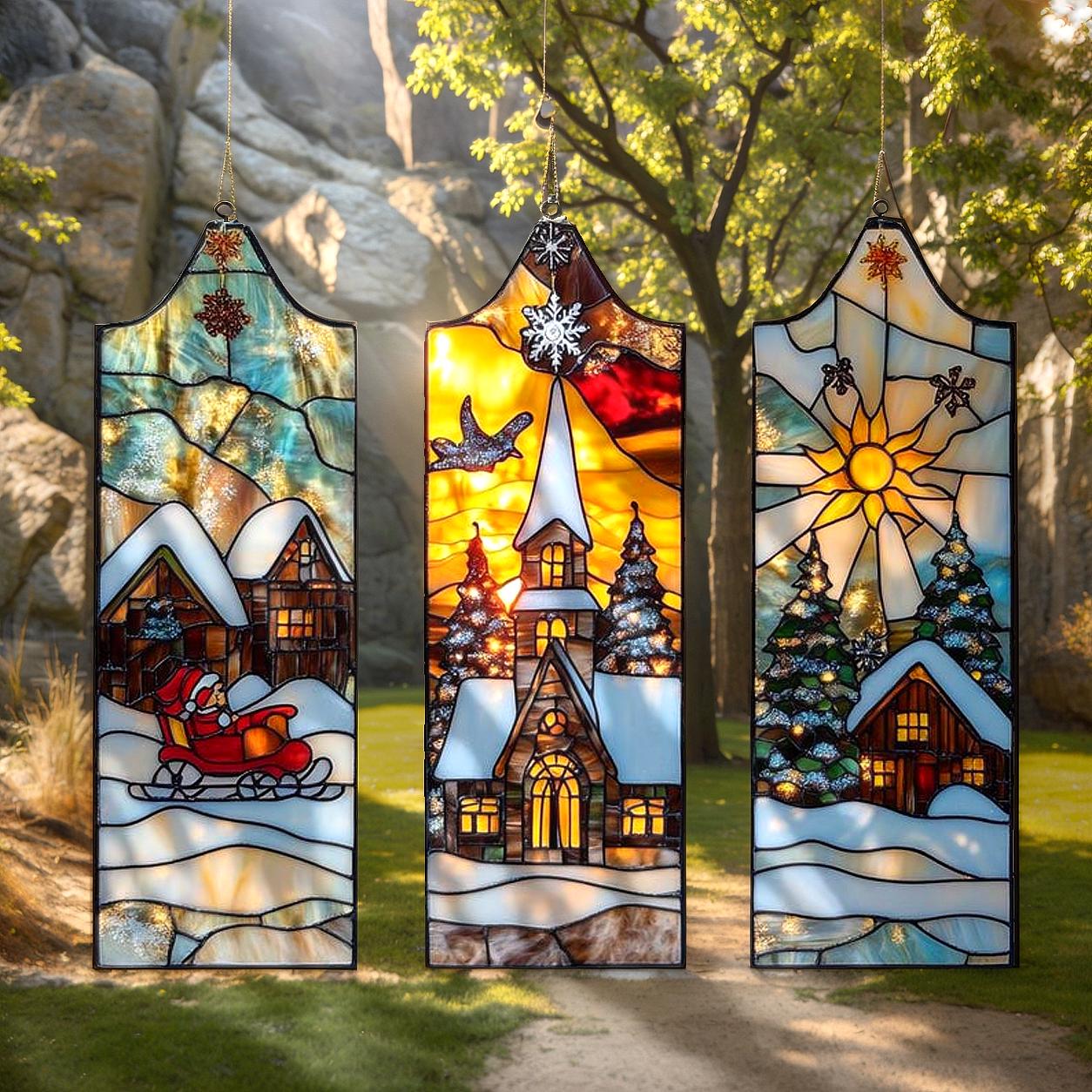 Winter Village ACRYLIC Suncatcher Set, Faux Stained Glass Christmas ...