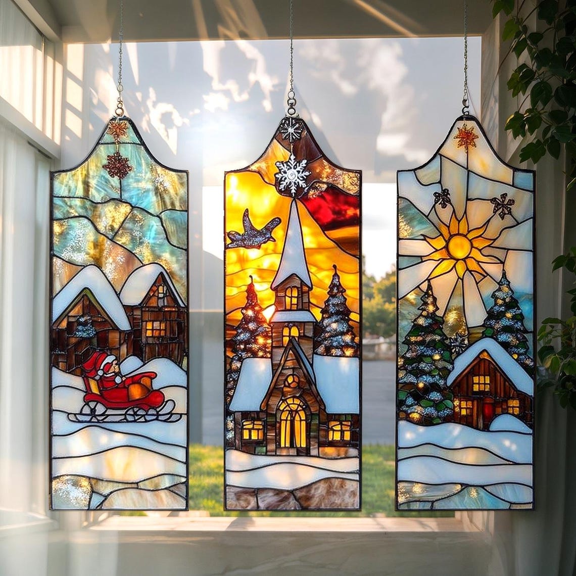 Winter Village ACRYLIC Suncatcher Set, Faux Stained Glass Christmas ...