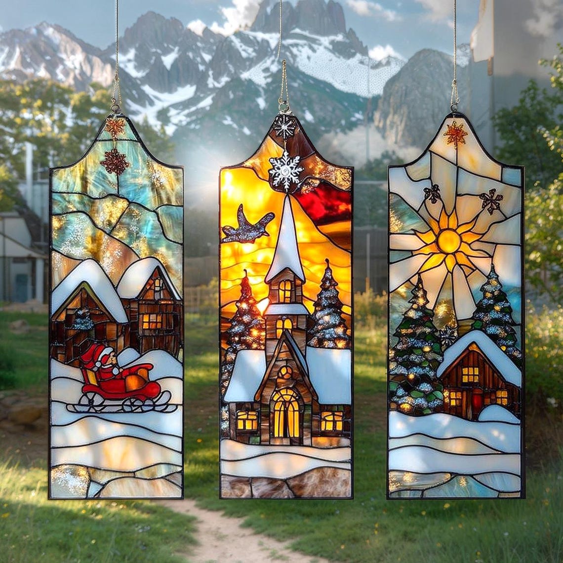 Winter Village ACRYLIC Suncatcher Set, Faux Stained Glass Christmas ...