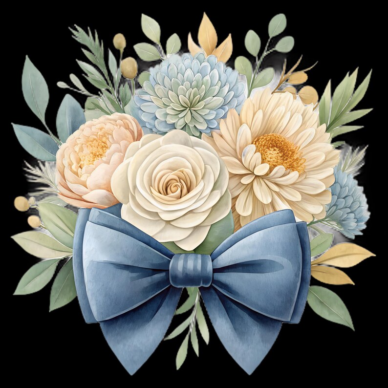 Watercolor Blue Bow Floral Clipart PNG Bundle | Ribbon Flowers ...