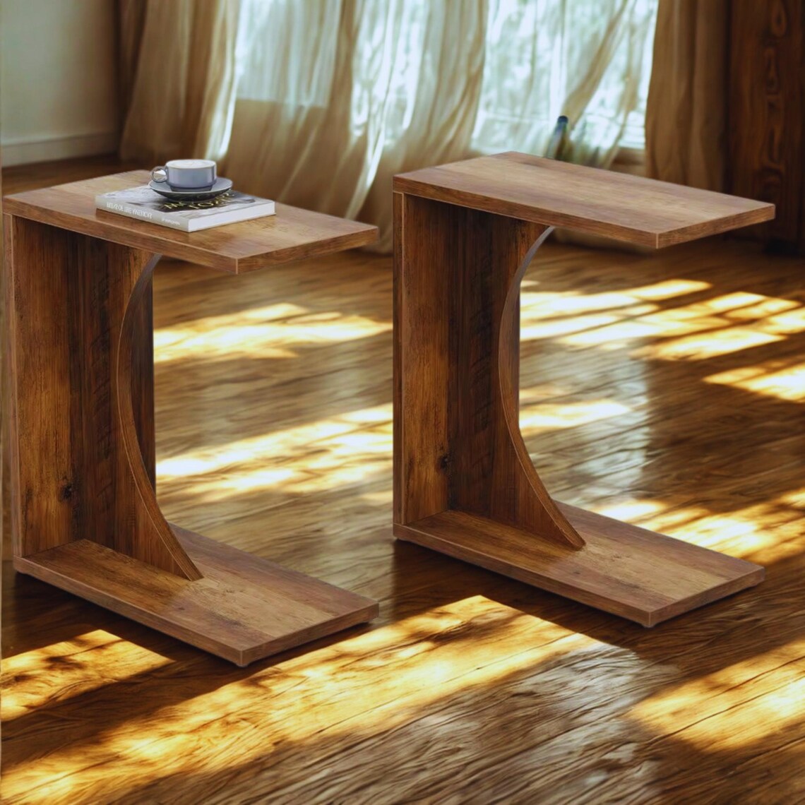 Brown Wood C-shaped Sofa Side Table: Modern Couch End Table - Etsy