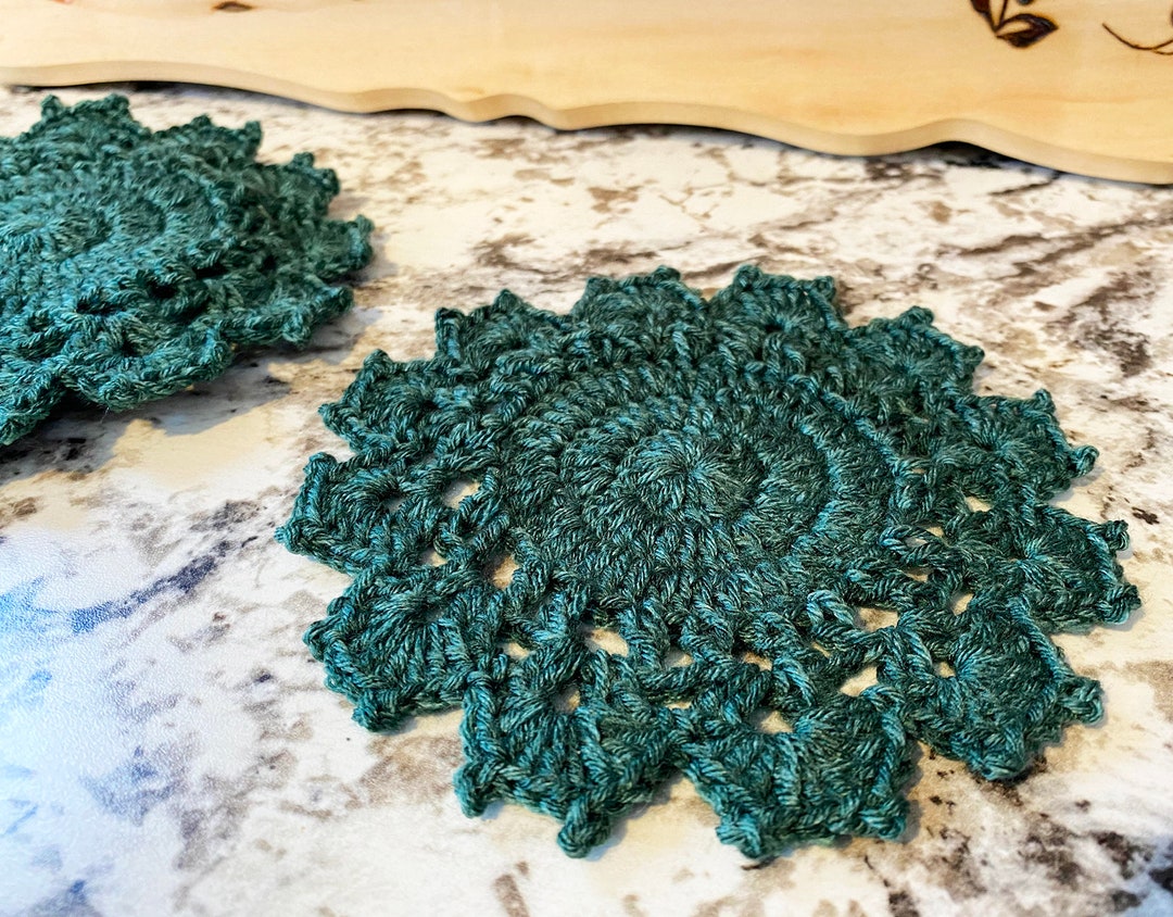 Emerald Green Picot Crochet Coaster Set 4 - Etsy