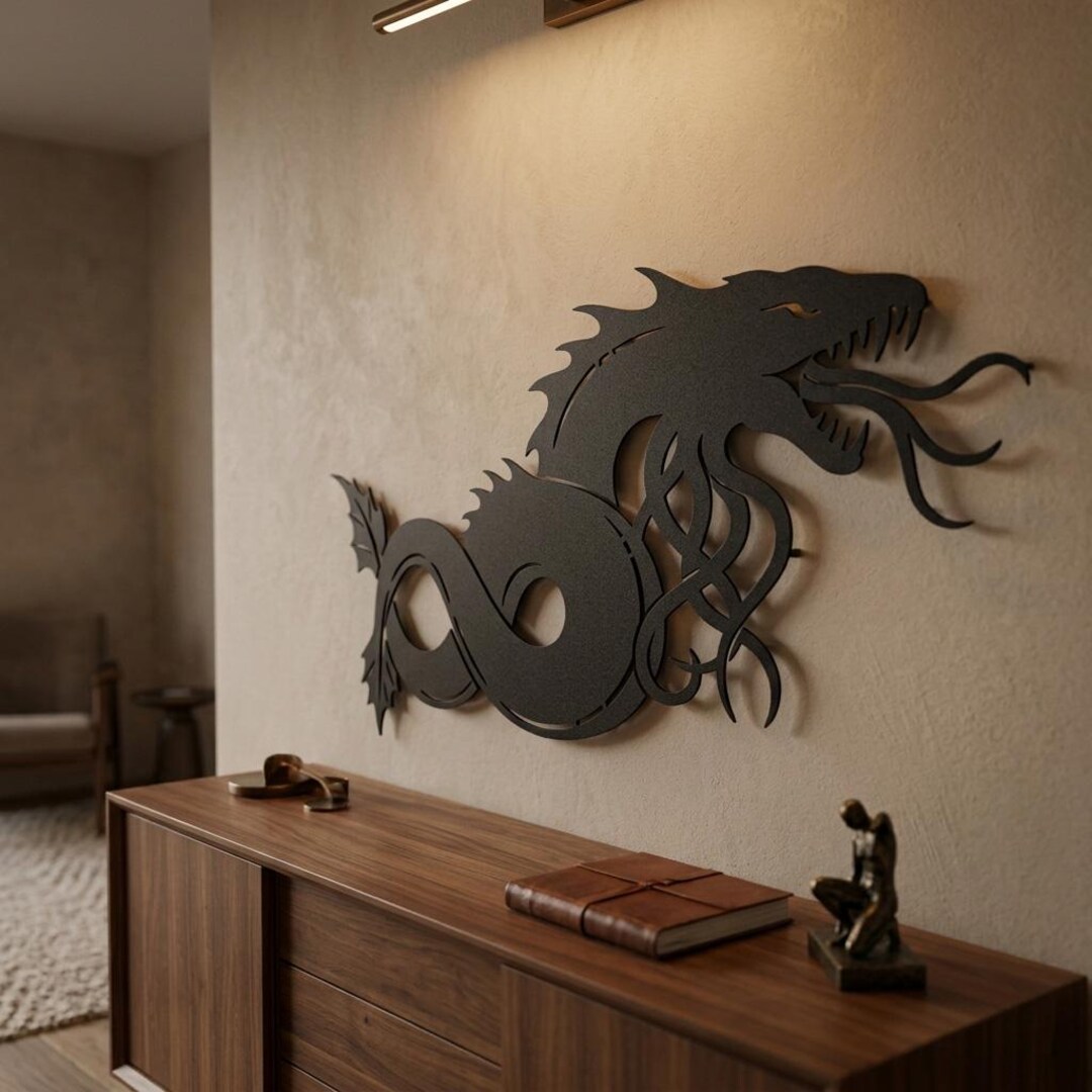 Dragon Metal Wall Art, Sea Serpent Decor, Tribal Fantasy Sign, Game ...