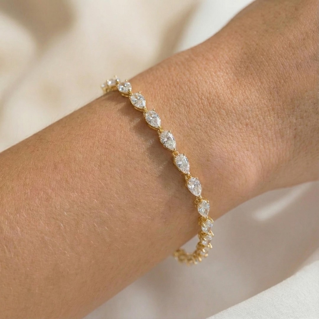Pear Cut Tennis Bracelet, Teardrop Diamond CZ Bracelet, Gold Bridal ...
