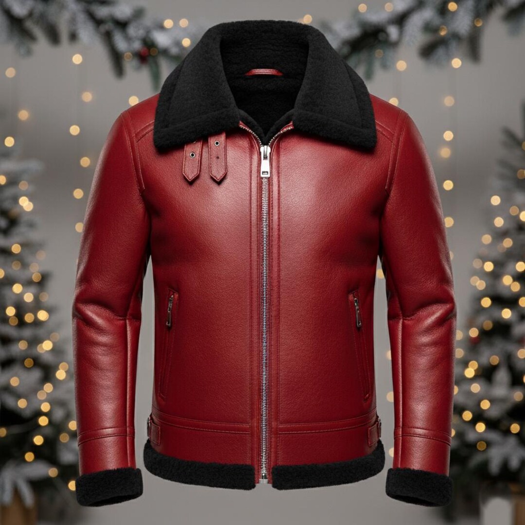 Men’s Christmas Leather Jacket, Santa Claus Inspired Shearling Coat ...