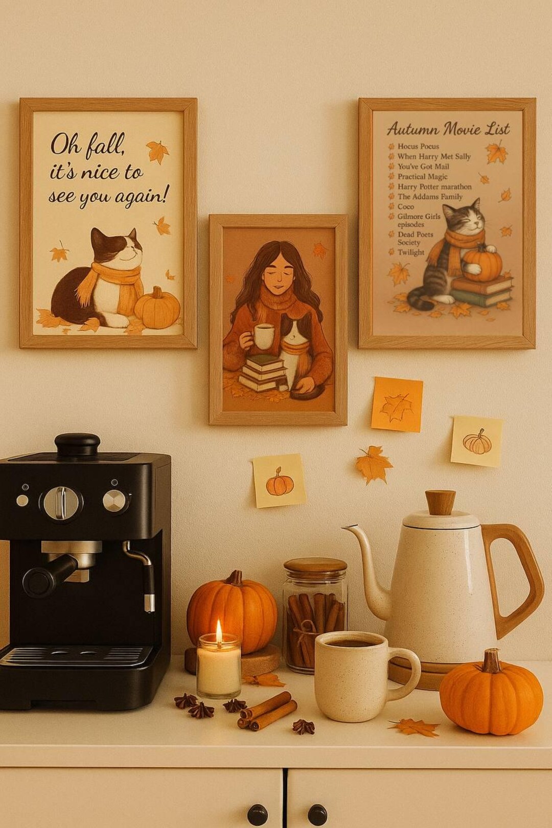 Cozy Fall Cat Poster Set: Coffee, Books & Movies (PNG Digital Download ...