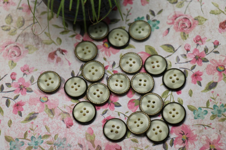 5 Vintage Ivory Colored Plastic Buttons with Brass Metal Ring | Etsy