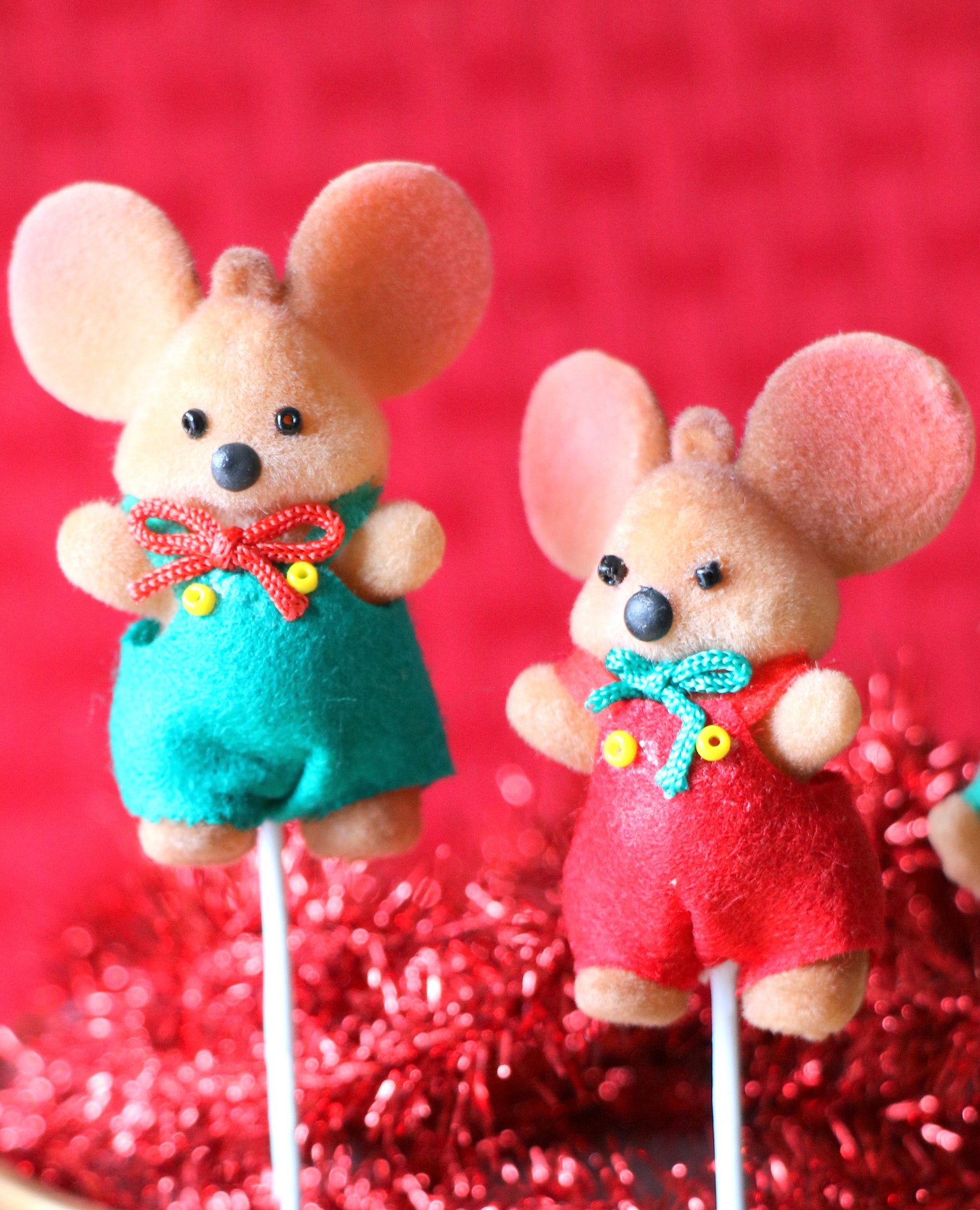 2 Vintage Flocked Christmas Mice Picks One Red and One Green - Etsy