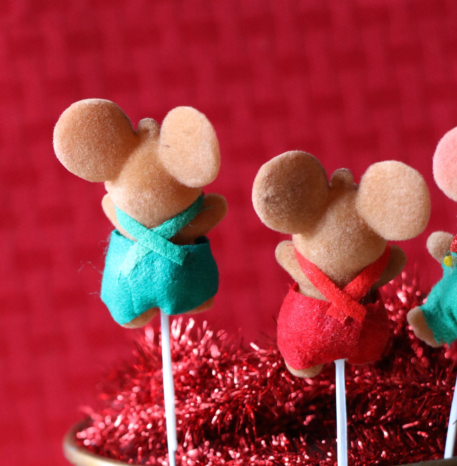 2 Vintage Flocked Christmas Mice Picks One Red and One Green - Etsy