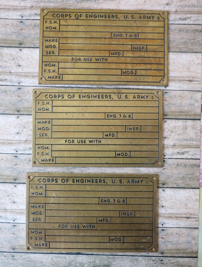 1 Vintage Brass Army Machine Identification Plate - Etsy