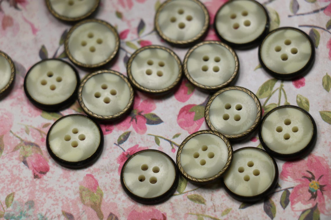 5 Vintage Ivory Colored Plastic Buttons With Brass Metal Ring | Etsy