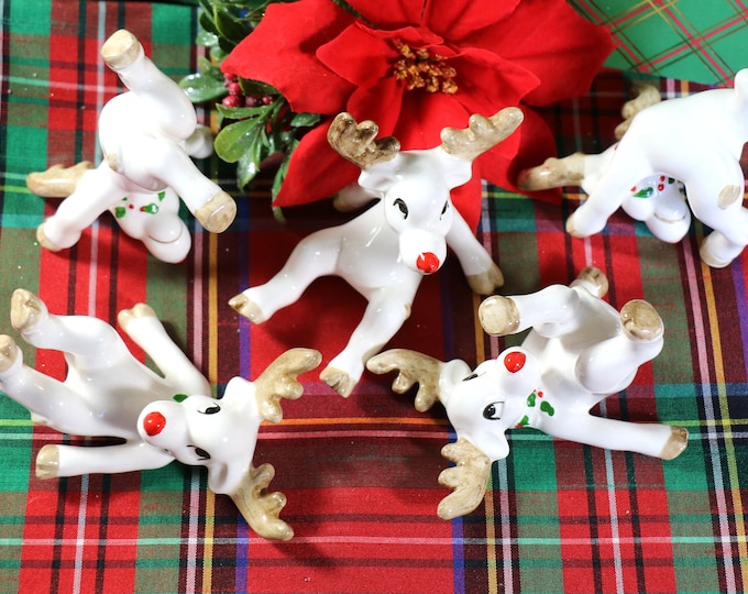 Set of 5 Vintage Fitz and Floyd Ceramic Tumbling Rudolph Figurines With ...
