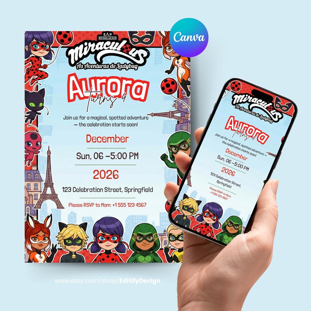 Lady Bug 2D Cartoon Kids Hero Party – Editable Canva – Printable ...