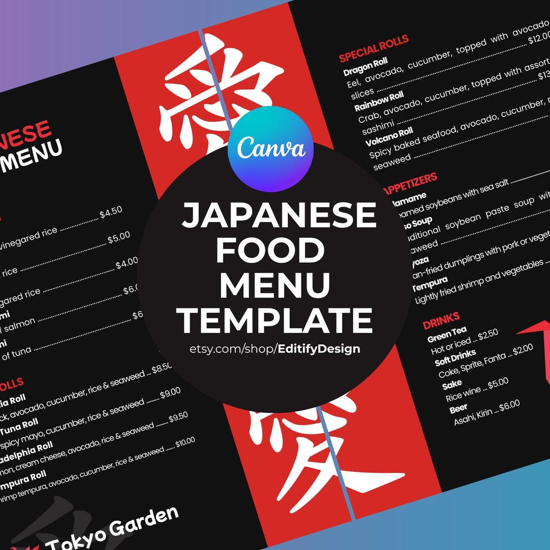 Editable Japanese Food Menu Template | A4 Restaurant Menu | Canva Menu ...
