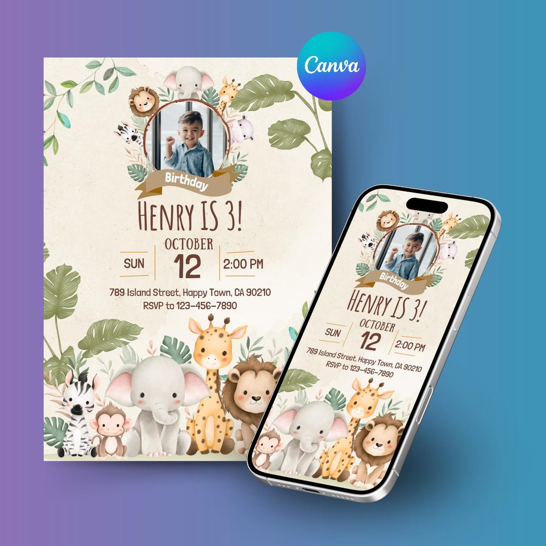 Editable Birthday Invitation, Safari Invitation, Editable Canva ...