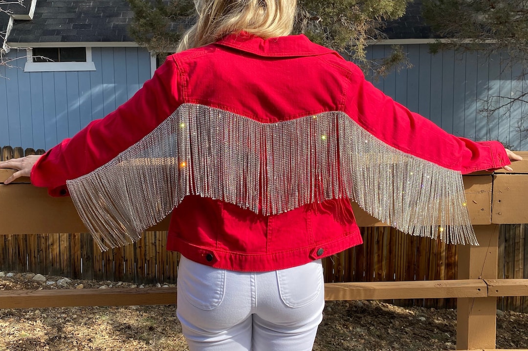Red Denim Jacket With Rhinestone Fringe - Etsy