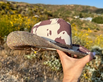 Cow Print Cowboy Hat Brown Rodeo Rhinestone Chin Strap Women's Cowgirl ...