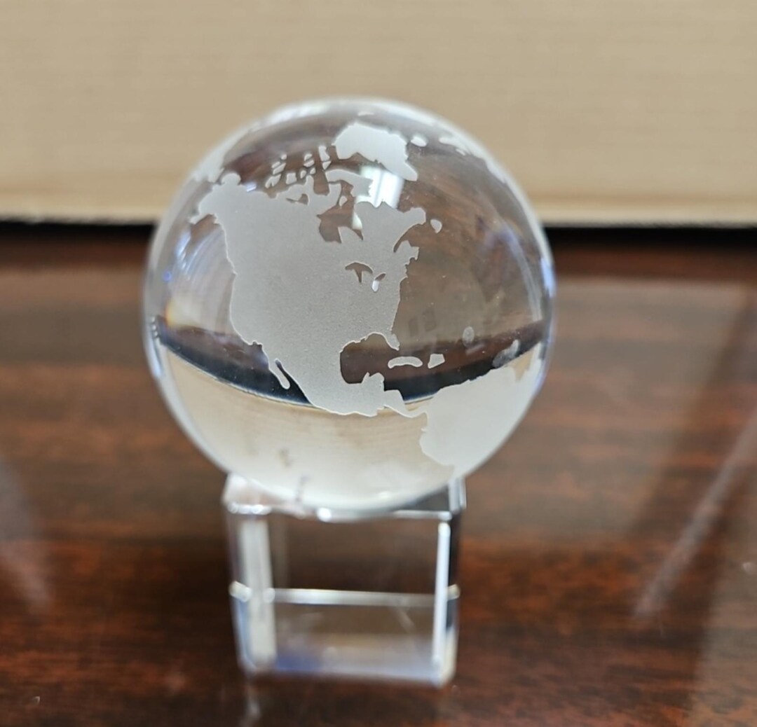 Crystal Glass Etched Frosted Earth 3" Globe & Base Paperweight EUC - Etsy