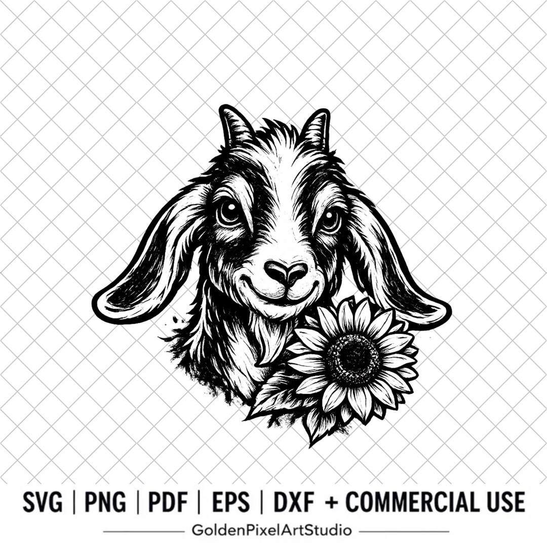 Floral Goat SVG, Baby Farm Animal Clipart, Black Sunflower PNG (digital ...