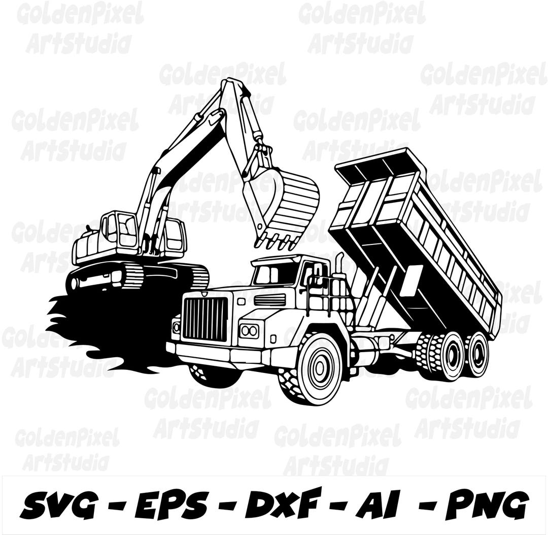 Dump Truck SVG With Track Hoe Cut File, Dump Land Clipart, Excavator ...