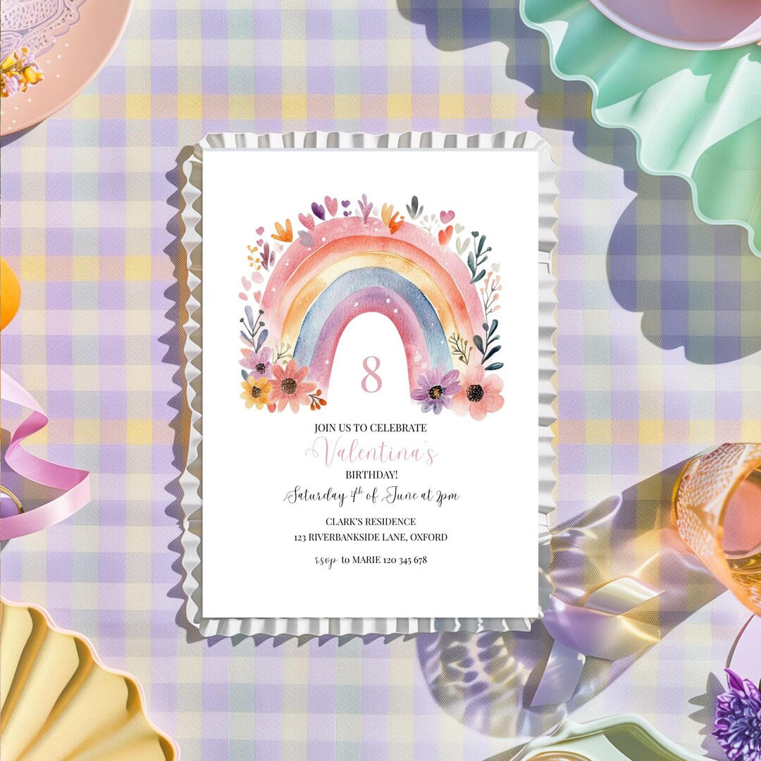 Boho Rainbow Birthday Invitation: Editable Canva Template (digital ...