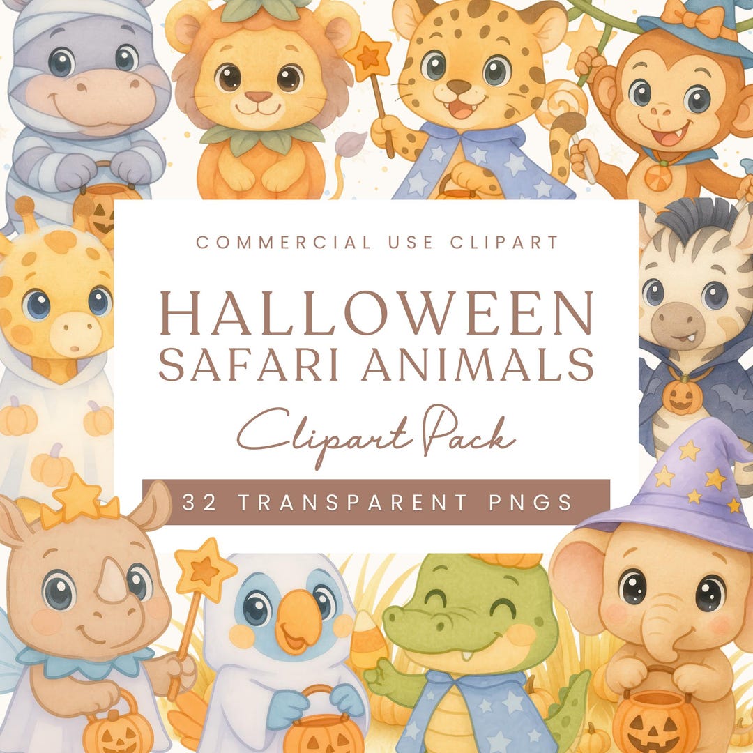 Halloween Safari Animals Clipart: Watercolor Jungle Animal PNG Fot ...
