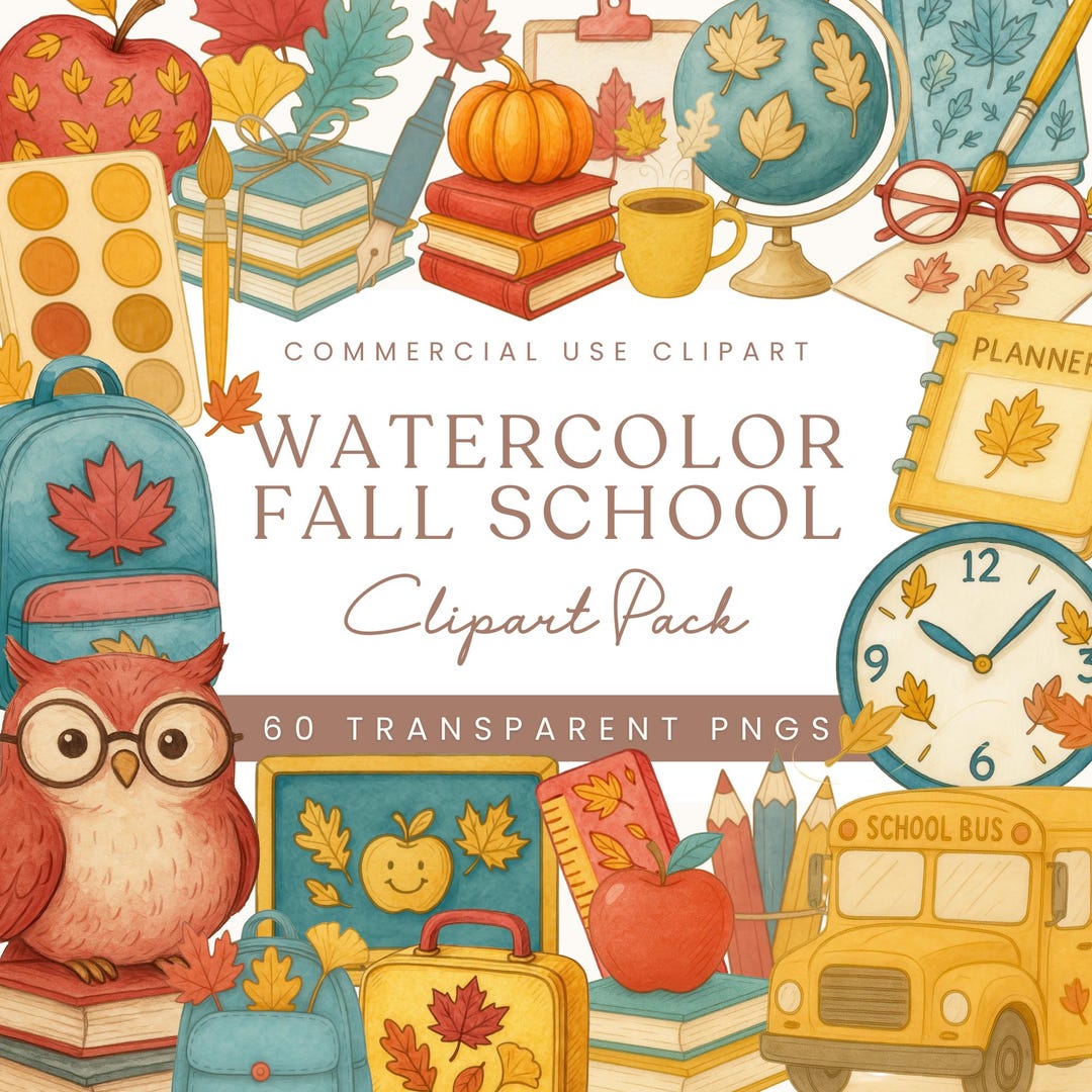 Watercolor Fall School Clipart: Autumn Classroom PNG Set (instant ...