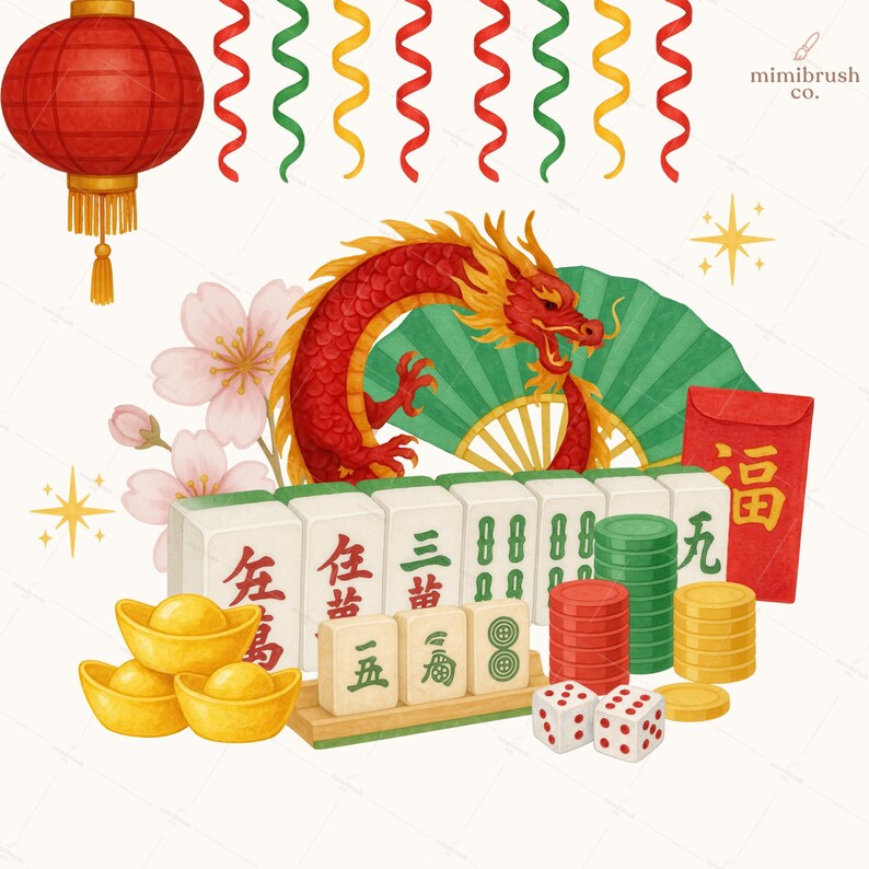 Watercolor Mahjong Party Clipart: Chinese Game Digital Elements ...