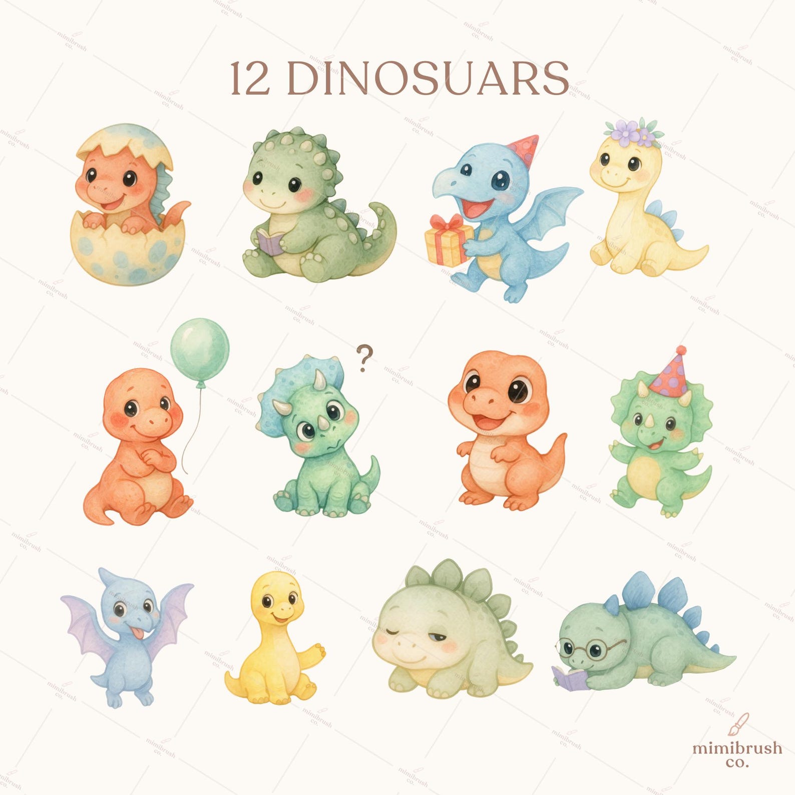 Baby Dinosaur Clipart Watercolor Birthday Party PNG Set for Commercial ...