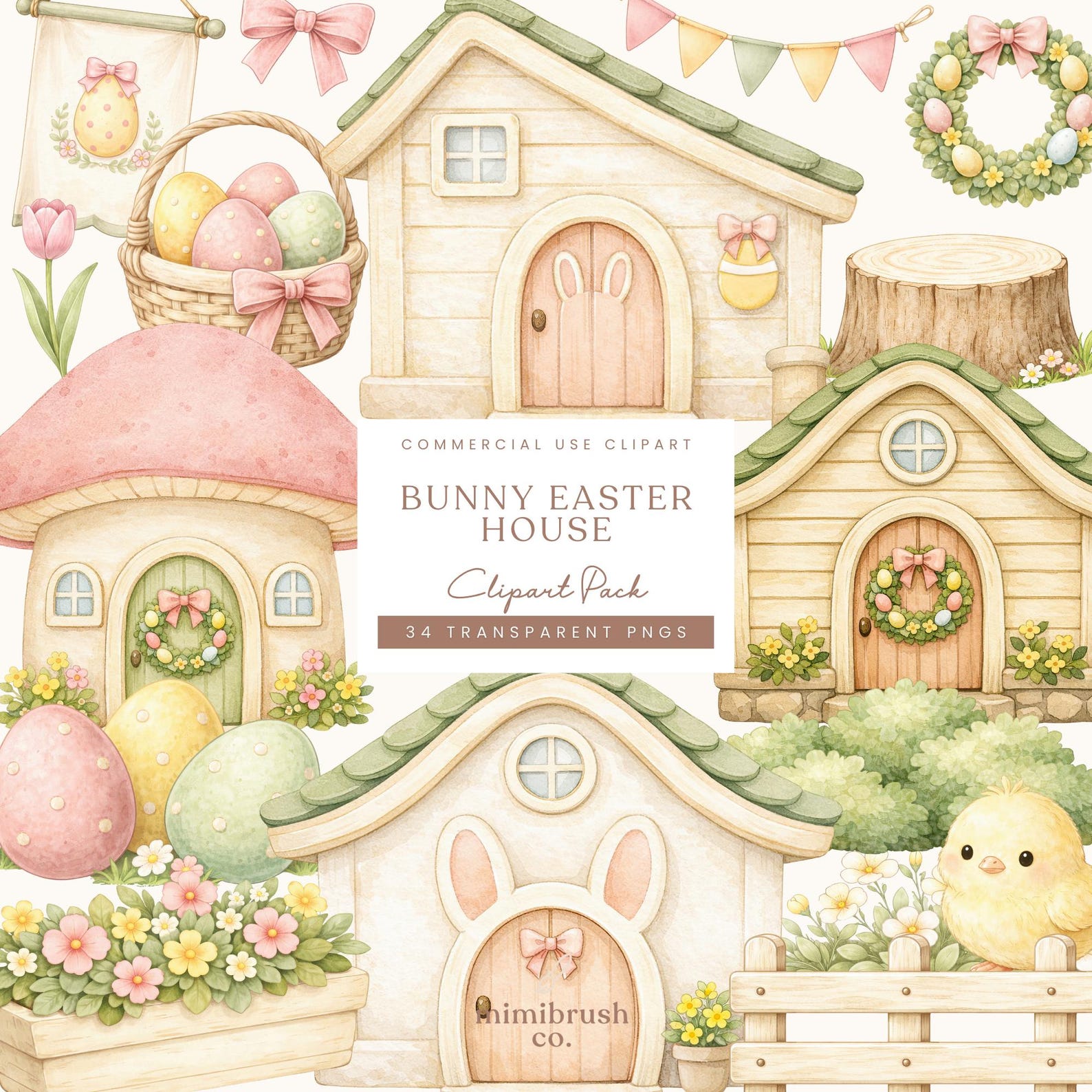 Bunny Easter House Clipart: Watercolor Spring Cottage PNG Set (digital ...