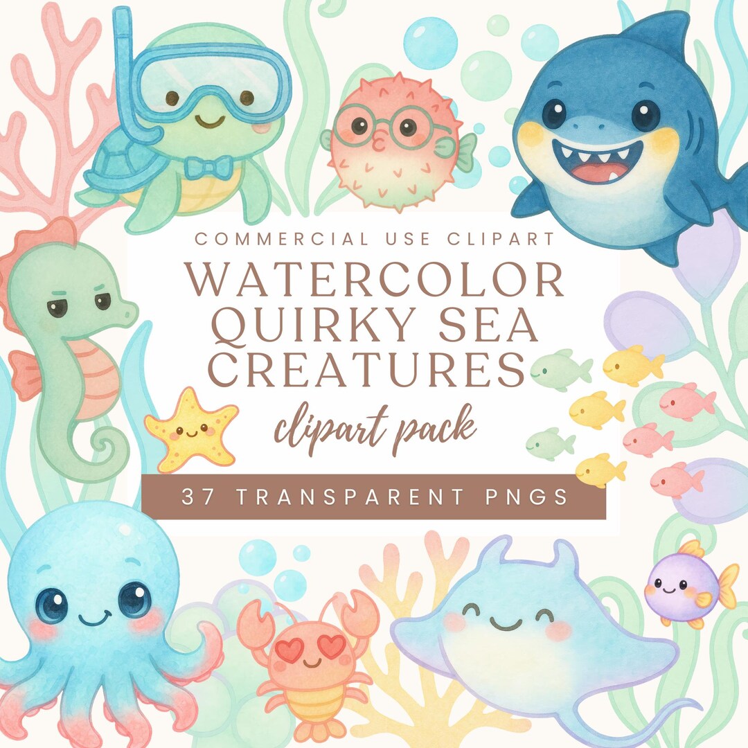 Watercolor Sea Creatures Clipart: Kawaii Ocean Animals PNG (digital ...