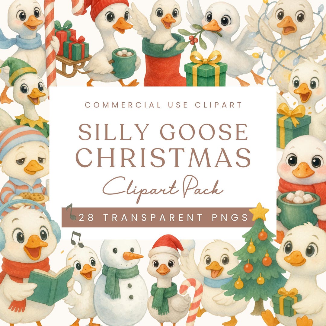 Silly Goose Christmas Clipart: Cute Watercolor Holiday Goose Pngs for ...