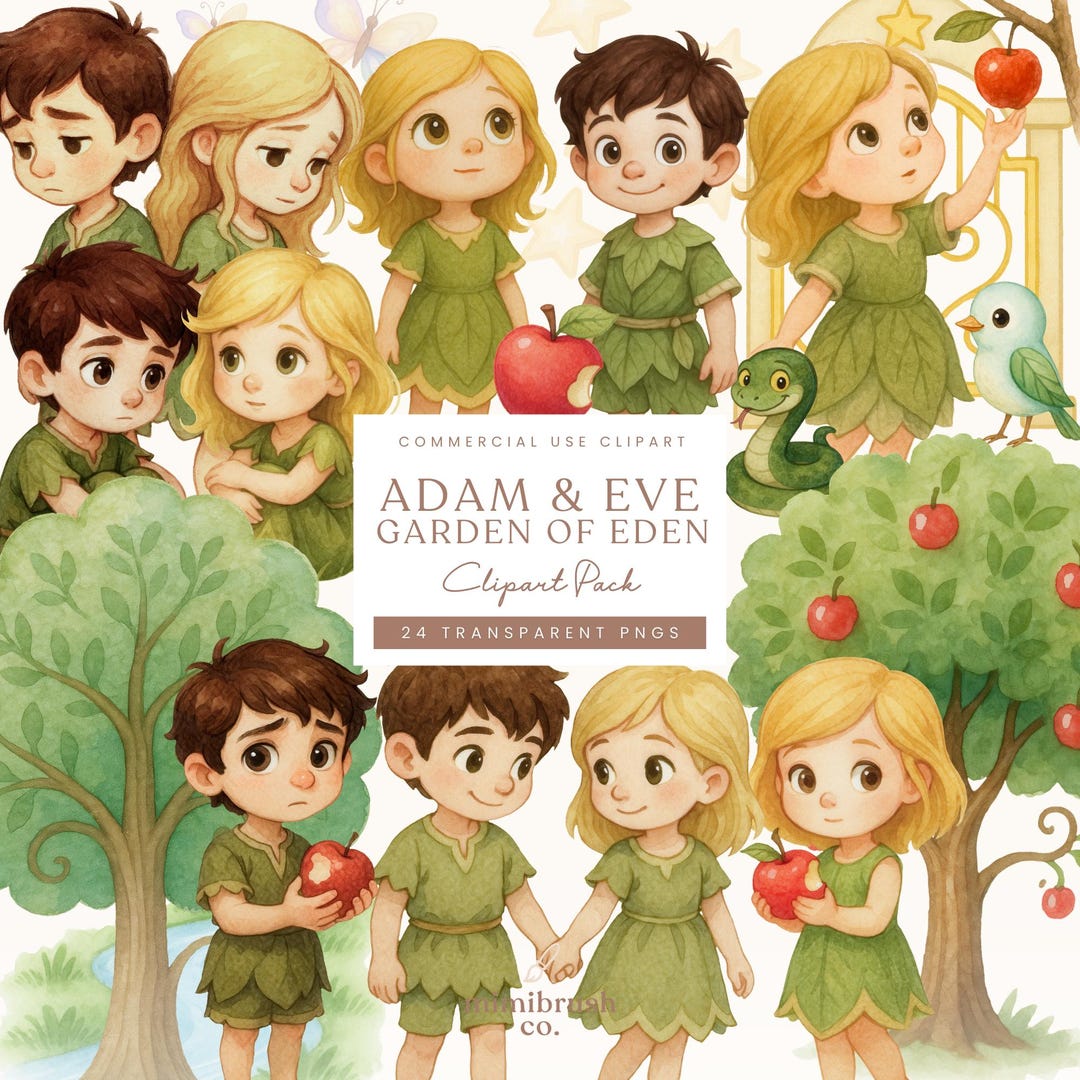 Adam and Eve Clipart: Garden of Eden Watercolor Bible Story PNG Set for ...