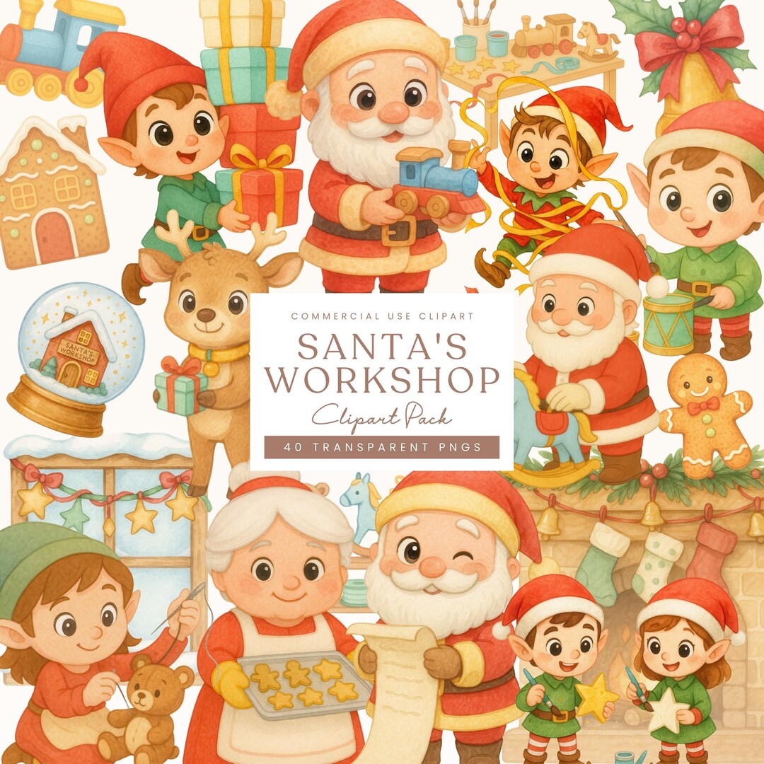 Santa's Workshop Clipart: Watercolor PNG for Christmas Elves Stationary ...