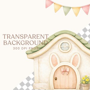 Bunny Easter House Clipart: Watercolor Spring Cottage PNG Set (digital ...