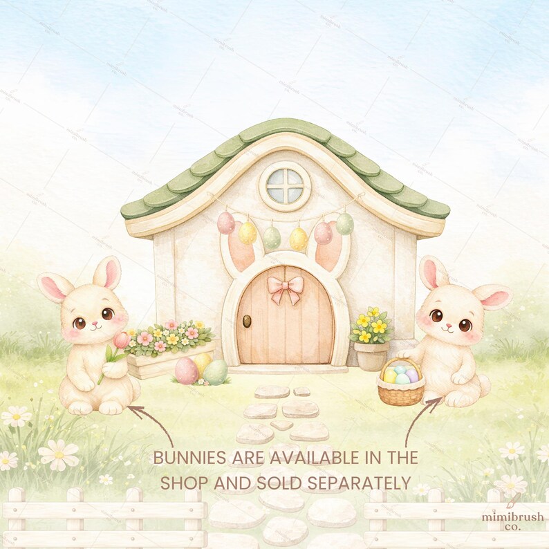 Bunny Easter House Clipart: Watercolor Spring Cottage PNG Set (digital ...
