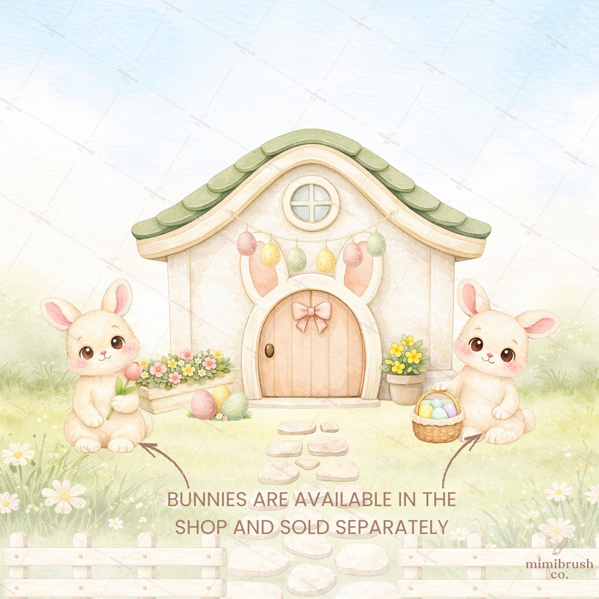Bunny Easter House Clipart: Watercolor Spring Cottage PNG Set (digital ...
