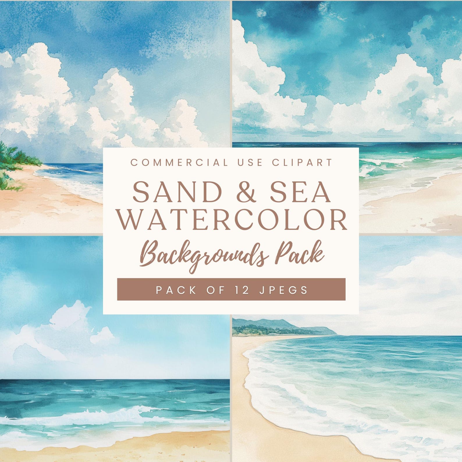 Sand and Sea Watercolor Backgrounds – 12 JPEG Beach Backdrops 300 DPI ...