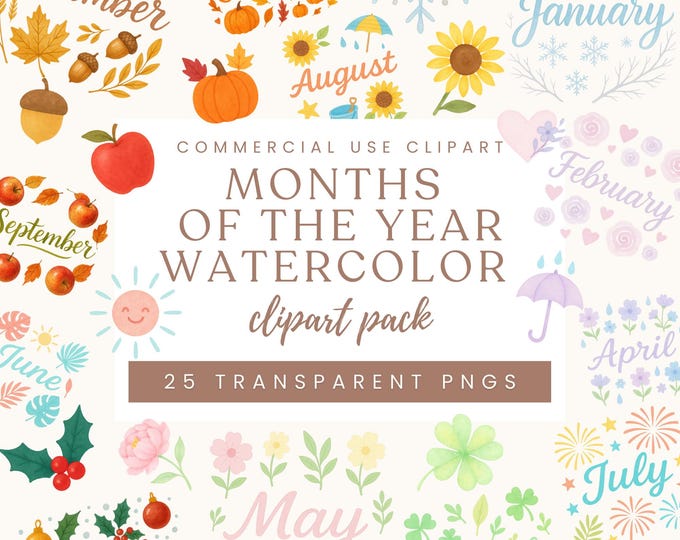 Months of the Year Watercolor Hand Painted Lettering Png Clipart for ...