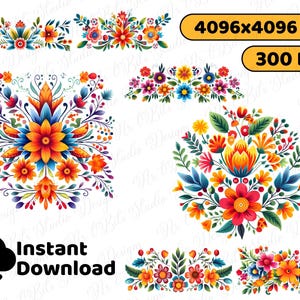Watercolor Mexican Fiesta Flowers Clipart: Otomi Floral PNG, Commercial ...