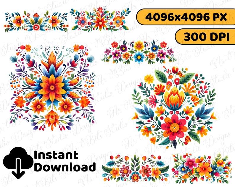 Watercolor Mexican Fiesta Flowers Clipart: Otomi Floral PNG, Commercial ...