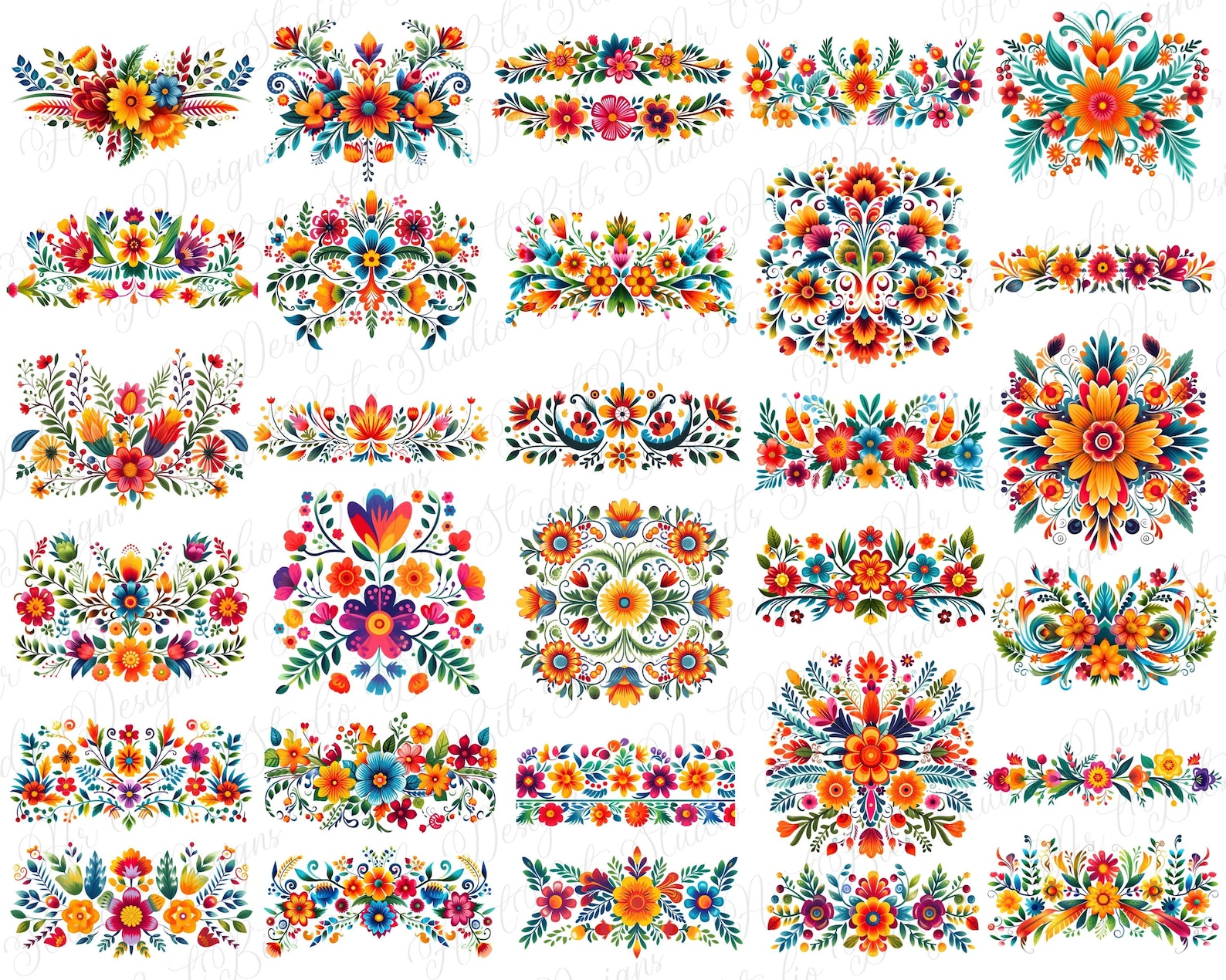 Watercolor Mexican Fiesta Flowers Clipart: Otomi Floral PNG, Commercial ...