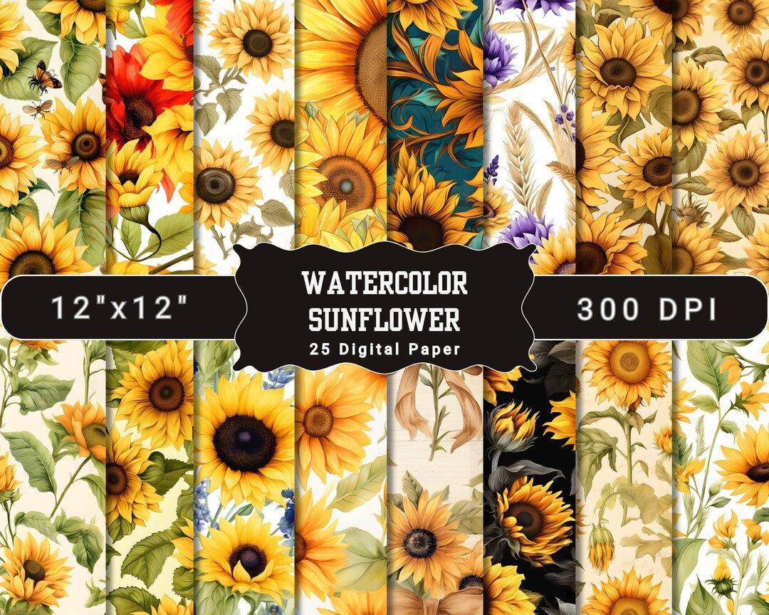 Watercolor Sunflower Digital Paper | Floral Watercolor Backgrounds ...