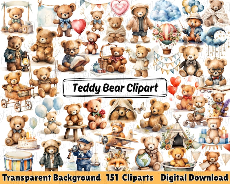 Watercolor Teddy Bear Clipart Bundle, Boho Baby Shower Clipart, Beige ...