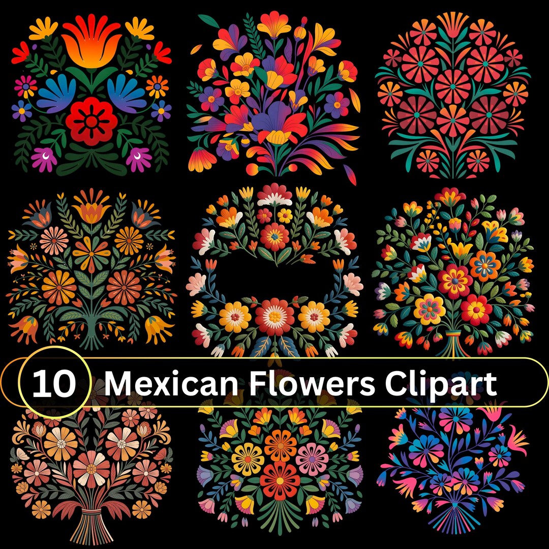 Watercolor Mexican Fiesta Flowers Clipart Otomi Floral Png Commercial