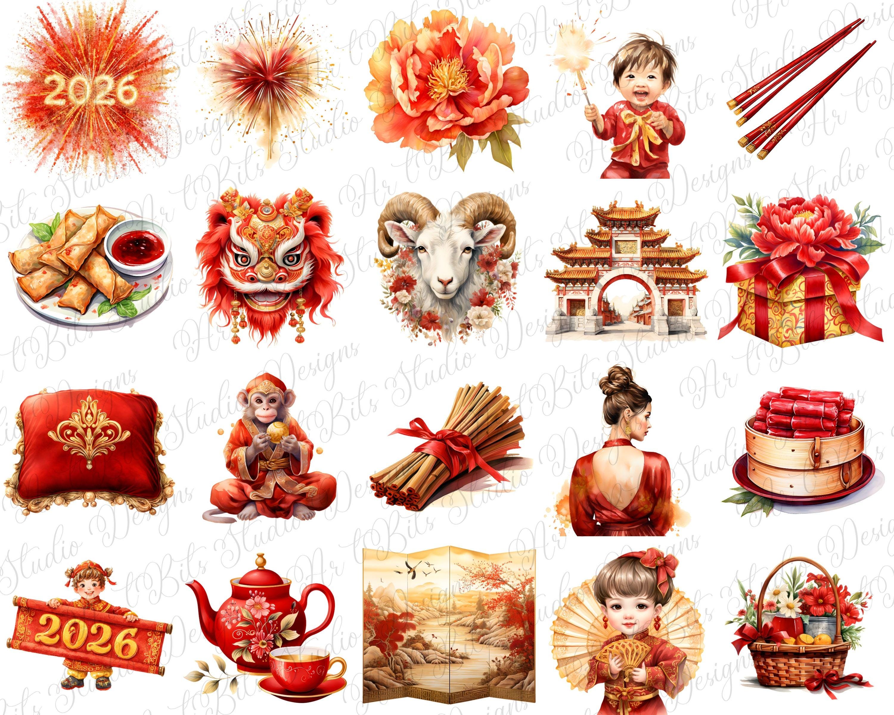 Chinese New Year Clipart Bundle | Watercolor Dragons, Lanterns, Zodiac ...
