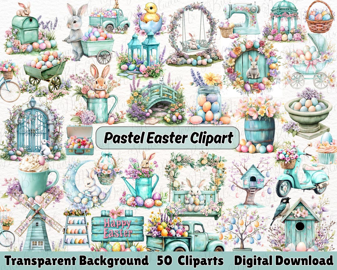 Pastel Easter Watercolor Clipart Bundle, 50 PNG Bunny, Easter Eggs ...